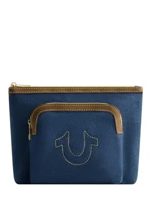 True Religion Trapezoid Zip Cosmetic Bag With Exterior Zip Pocket - Denim