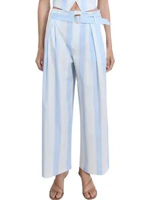 Mango Belted Stripe Straight Leg Pants - Sky Blue