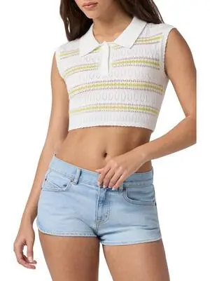 FLORENCE BY MILLS Stripe Pointelle Crop Polo - Bright White/capri