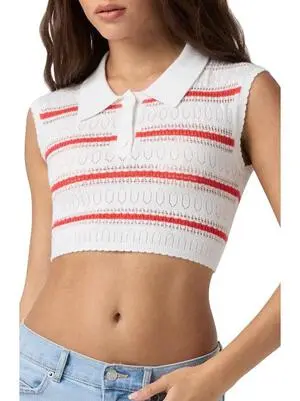 FLORENCE BY MILLS Stripe Pointelle Crop Polo - Bright White/poppy Red