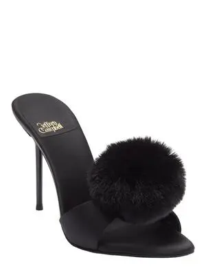 Jeffrey Campbell Faux Fur Pom Slide Sandal - Black Satin Combo
