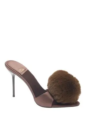 Jeffrey Campbell Faux Fur Pom Slide Sandal - Brown Satin Combo
