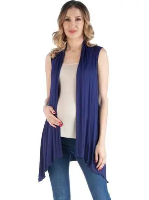 24SEVEN COMFORT APPAREL Maternity Draped Open Front Sleeveless Cardigan - Navy