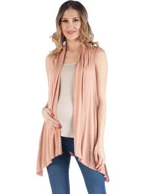 24SEVEN COMFORT APPAREL Maternity Draped Open Front Sleeveless Cardigan - Nude