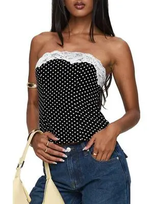 Princess Polly Ettore Lace Trim Polka Dot Strapless Top - Black Polka