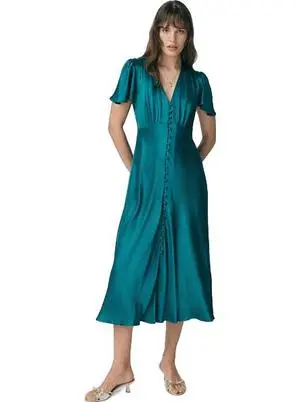 GHOST LONDON Grace Satin V-neck Dress - Emerald Sea