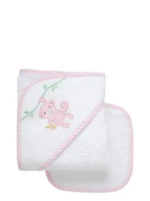 3 MARTHAS Hooded Towel & Washcloth Set - Pink Monkey