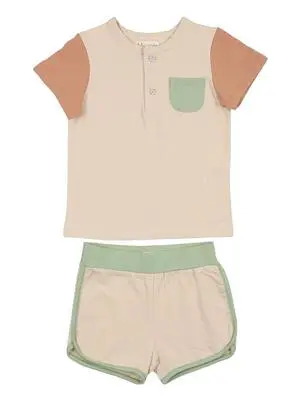MANIÈRE Colorblock Henley & Shorts Set - Tangerine