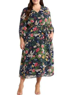 ANNE KLEIN Floral Print Tie Waist Midi Dress