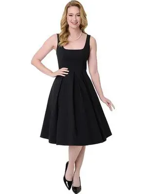 Unique Vintage Square Neck Pleated Swing Dress Black