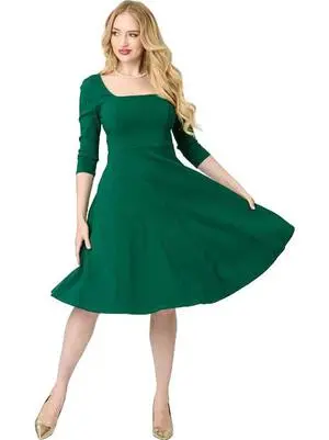 Unique Vintage Square Neck Pleated Swing Dress - Green Solid