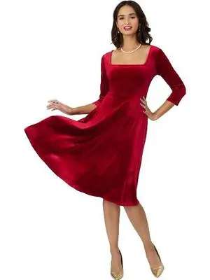 Unique Vintage Square Neck Pleated Swing Dress Red