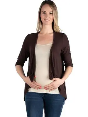 24SEVEN COMFORT APPAREL Maternity Elbow Length Sleeve Open Cardigan - Brown