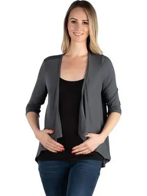24SEVEN COMFORT APPAREL Maternity Elbow Length Sleeve Open Cardigan - Charcoal