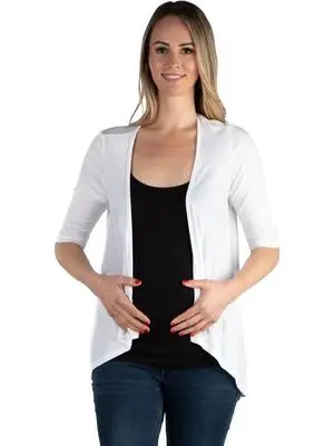24SEVEN COMFORT APPAREL Maternity Elbow Length Sleeve Open Cardigan - White