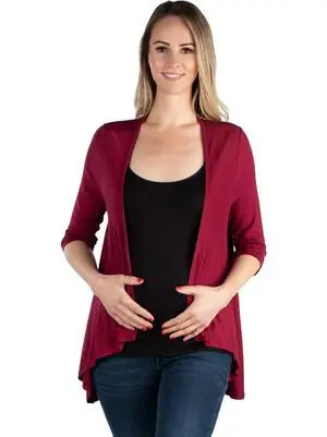 24SEVEN COMFORT APPAREL Maternity Elbow Length Sleeve Open Cardigan - Wine