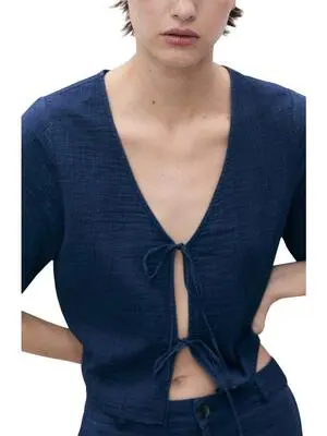 Mango Tie-front Cotton Denim Top - Night Blue