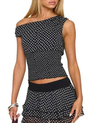 Princess Polly Polka Dot One-shoulder Top - Black Polka
