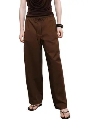 Mango Paperbag Wide Leg Cotton Poplin Pants - Brown