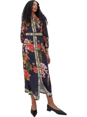 RAISHMA Floral Print Belted Midi Dress - Dark Base