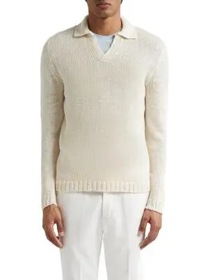 Thom Sweeney Skipper Wide Gauge Linen Blend Polo Sweater - Off White