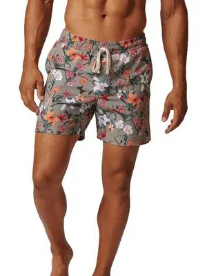 LEISURE LAB Floral Print Relaxed Fit Swim Trunks - Dune