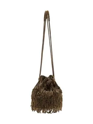 Mango Beaded Drawstring Bucket Bag - Khaki