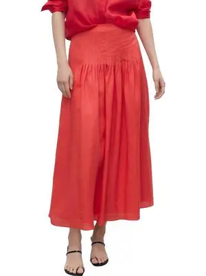 MANGO Pleated Ramie Midi Skirt