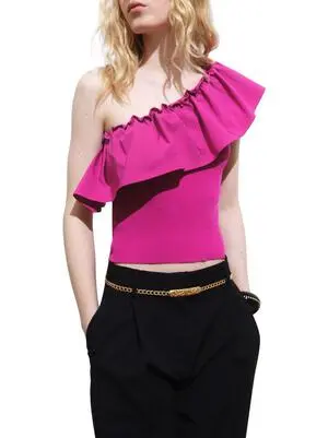 Mango One-shoulder Ruffle Crop Top - Fuchsia