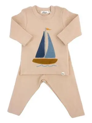 OH BABY! Denim Sailboat Terry Applique Two Piece Set - Almond