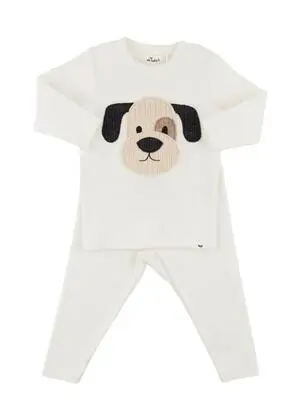OH BABY! Puppy Face Applique Long Sleeve Two Piece Set - Cream