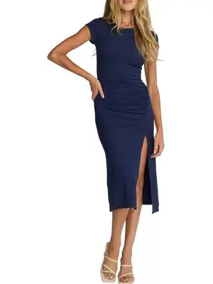 SUNDAY RITUAL High Slit Ribbed Midi Dress - Navy