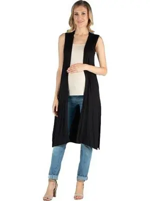 24SEVEN COMFORT APPAREL Maternity Sleeveless Long Cardigan With Slit - Black
