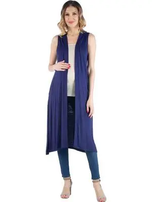 24SEVEN COMFORT APPAREL Maternity Sleeveless Long Cardigan With Slit - Navy