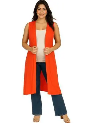 24SEVEN COMFORT APPAREL Maternity Sleeveless Long Cardigan With Slit - Orange