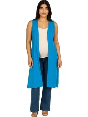 24SEVEN COMFORT APPAREL Maternity Sleeveless Long Cardigan With Slit - Turq