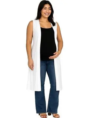 24SEVEN COMFORT APPAREL Maternity Sleeveless Long Cardigan With Slit - White