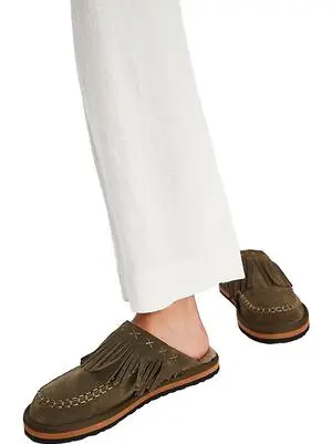 Free People Fallon Fringe Mules - Military Olive Suede