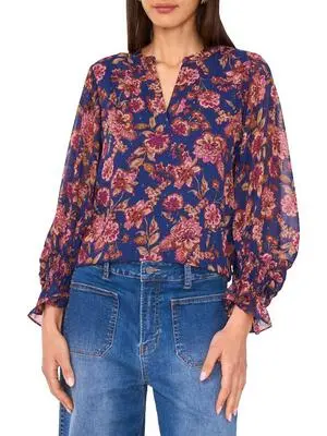 Vince Camuto Floral Split Neck Top - Deep Sky