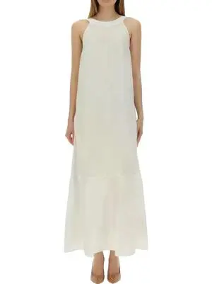 120% Lino Round-neck Tiered Maxi Dress - White