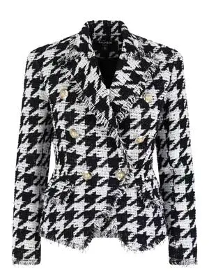 Balmain Houndstooth Blazer With Frayed Edges - White