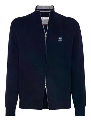 Brunello Cucinelli Zip-front Cardigan With Embroidered Logo - Blue