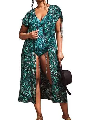 LIVE UNLIMITED Abstract Printed Drawstring Shoulder Kimono - Medium Green