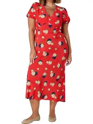 LIVE UNLIMITED Floral Puff Sleeve Midi Dress - Light/pastel Red