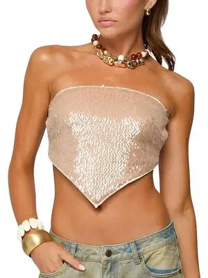 EDIKTED Sequin Backless Strapless Top - Nude