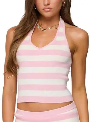 EDIKTED Striped Knit Halter Top - Light Pink