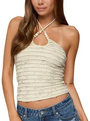 EDIKTED Criss Cross Beaded Halter Top - Beige