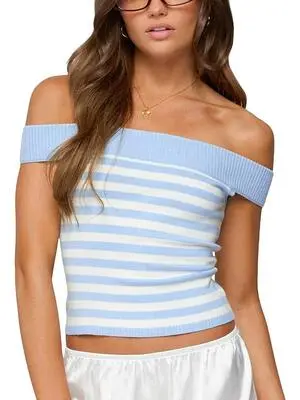 EDIKTED Striped Knit Off-the-shoulder Top - Light-blue