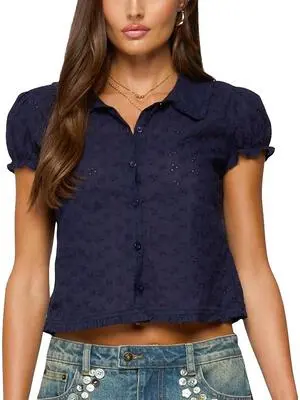 EDIKTED Lanie Eyelet Tailored Button Up Shirt - Navy