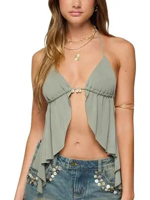 EDIKTED Safi Backless Split Front Halter Top - Olive